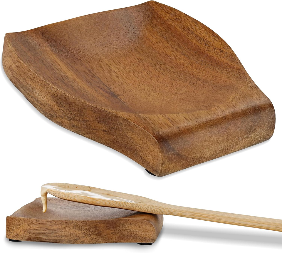 Wooden Spoon Rest - Acacia Wood Stove Top Spoon Holder with Non-Slip ...
