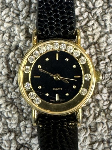 Beautiful Avon Women's Gold Tone Quartz Watch Jeweled Accents And Black ...