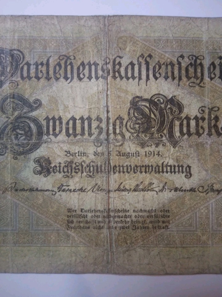 ANTIQUE WORLD WAR ONE 1914 GERMAN 20 MARK PAPER BANK NOTE GERMANY WORLD ...