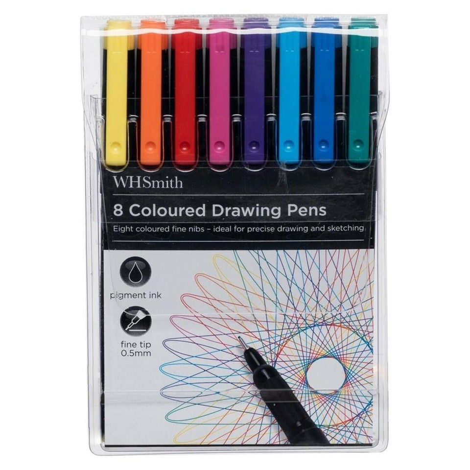 8x WHSmith Pigment Ink Coloured Drawing Pens Lightfast Non Bleed Fine 0 ...