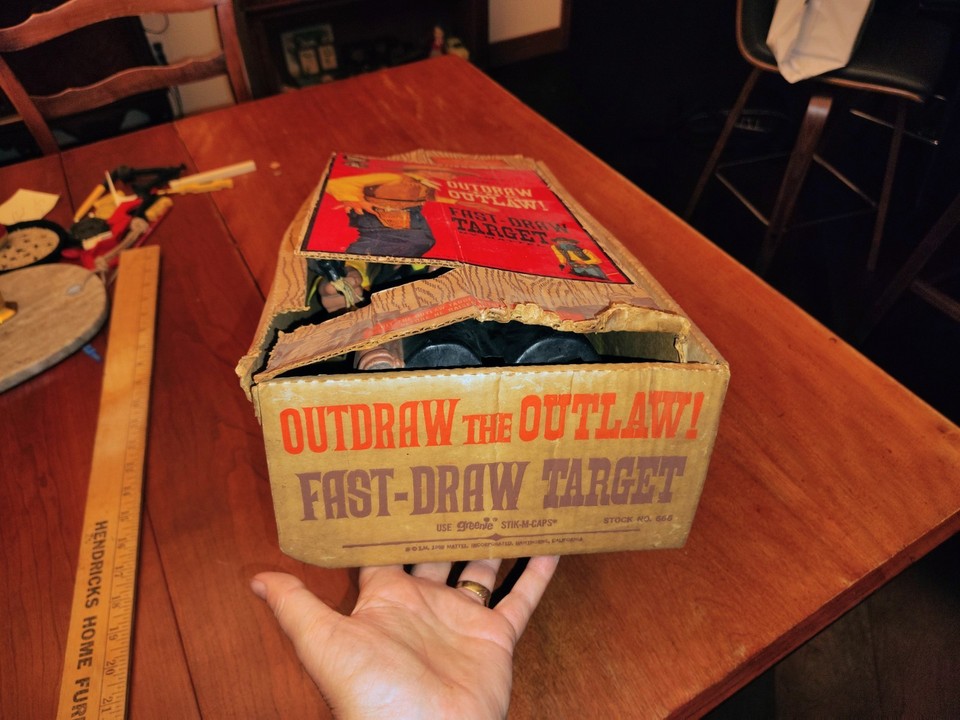 1960s VINT. MATTEL FANNER 50 OUTDRAW THE OUTLAW MECHANICAL GAME W/BOX ...