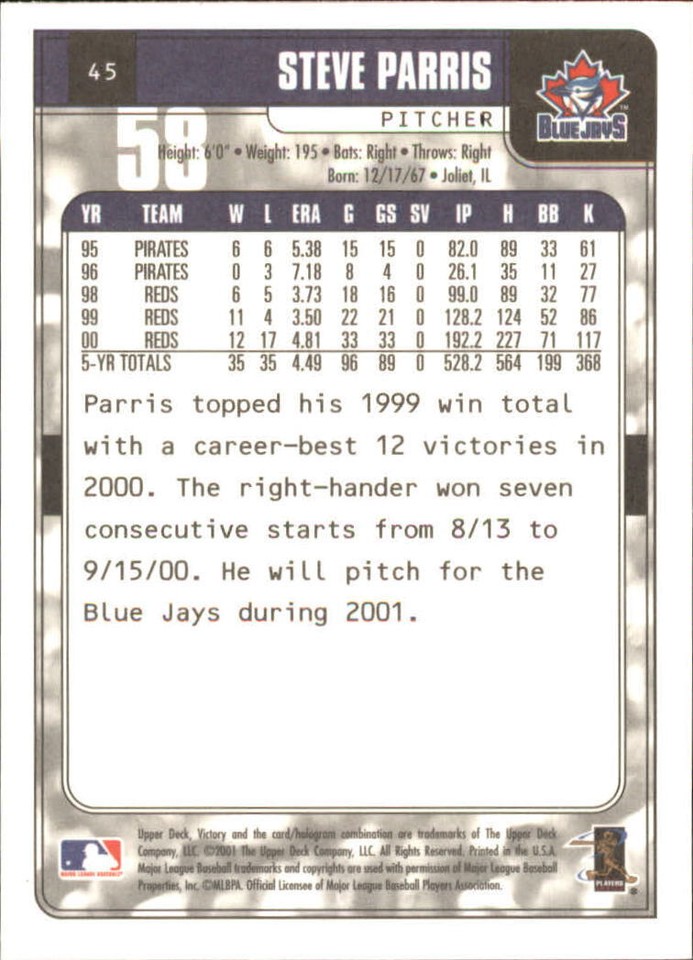 2001 (BLUE JAYS) Upper Deck Victory #45 Steve Parris | eBay