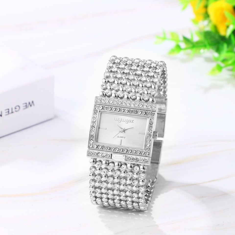 Womens Luxury Full Rhinestone Square Bangle Watch Quartz Party Dress ...