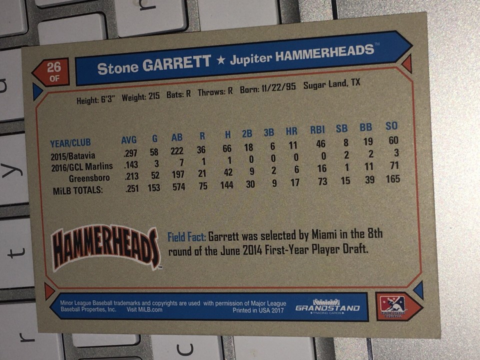 STONE GARRETT 2017 Jupiter Hammerheads IP Autograph COA MARLINS ...