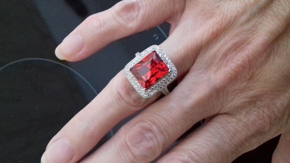 6 cwt. Red Garnet Square Ring made w Swarovski Crystal Rhodium Plated ...