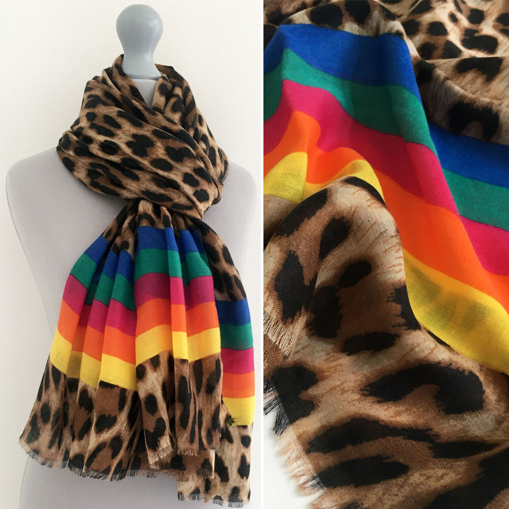 Ladies Large Leopard Print Scarf Animal Rainbow Striped Bright Shawl ...