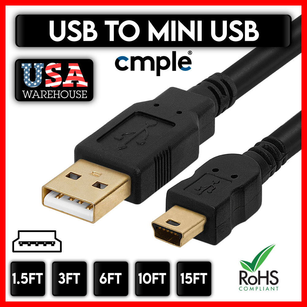 Mini USB Cable Charger Lead USB A to 5 Pin Mini B Sync Charge 1.5ft 3ft ...