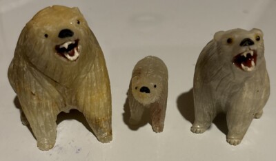 Vintage Alaska Eskimo Inuit 3 Polar Bear Family Stone Carved Figures ...