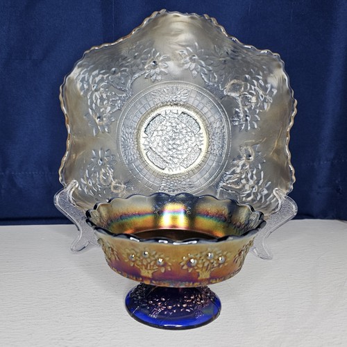 Vintage Fenton Orange Tree Clambroth Ruffled Bowl & Cobalt Compote | eBay