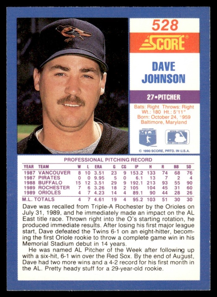 1990 Score Dave Johnson Rookie Baltimore Orioles #528 | eBay