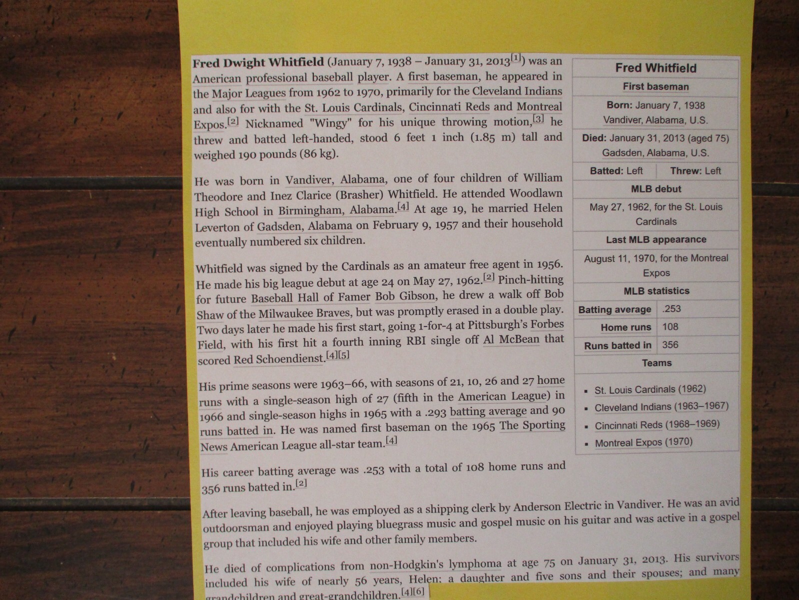 FRED WHITFIELD(D-13)Signed Trimmed Index Card w/8 x 11 Display w/1963 ...