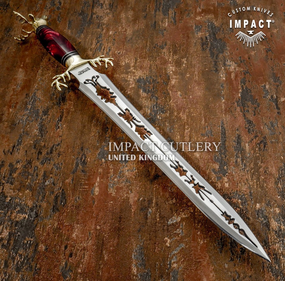 Impact Cutlery Rare Custom Fuller Art Dagger Knife, 3d Brass Stag Guard ...