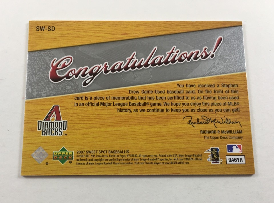 2007 Upper Deck Stephen Drew Sweet Spot Swatch Memorabilia Relic Card ...