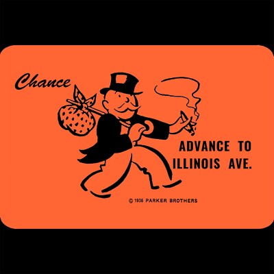 Monopoly Tin Sign 12x8 Illinois Ave Man Bindle Hobo Bag Cane Chance ...