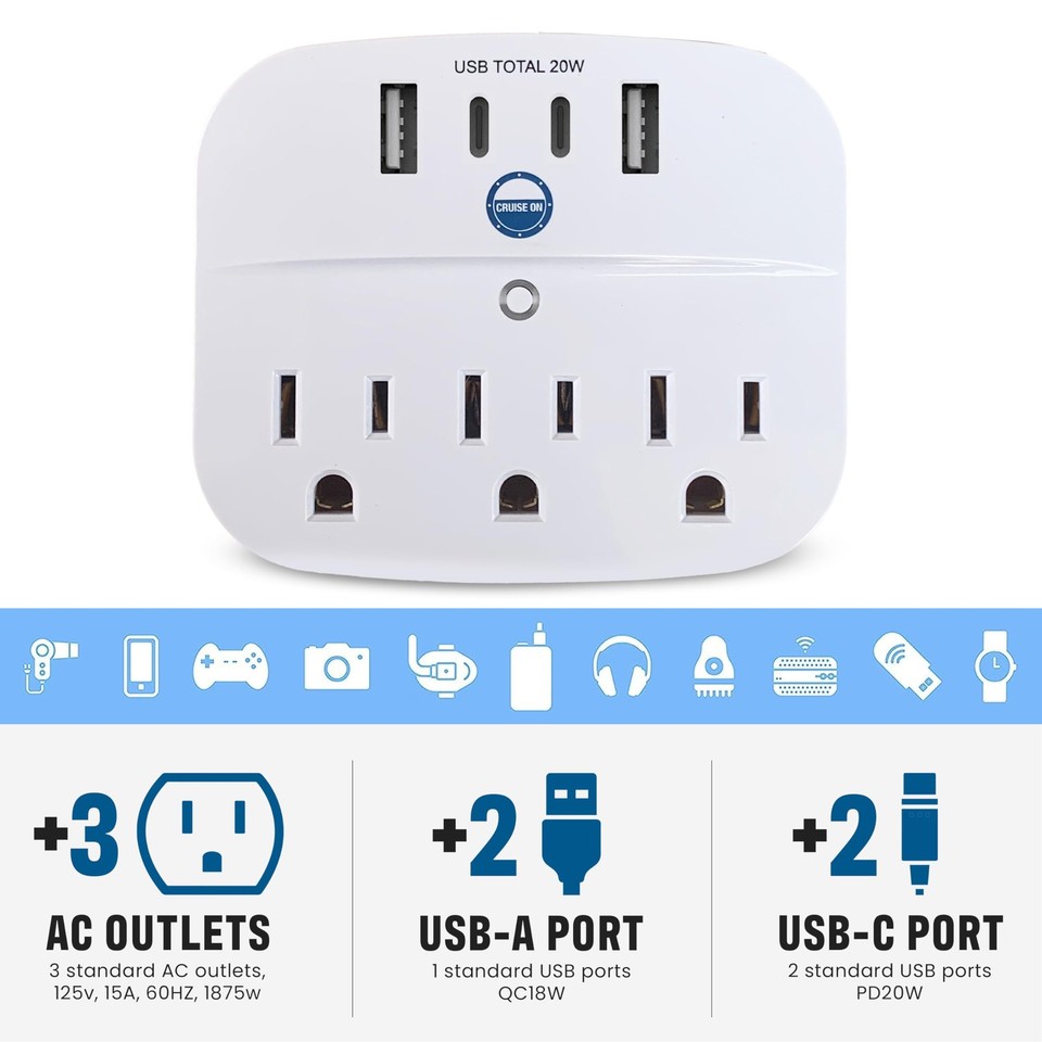 Cruise Approved Non Surge Power Strip [2 USBC, 2 USB, 3 AC] - Cruise ...