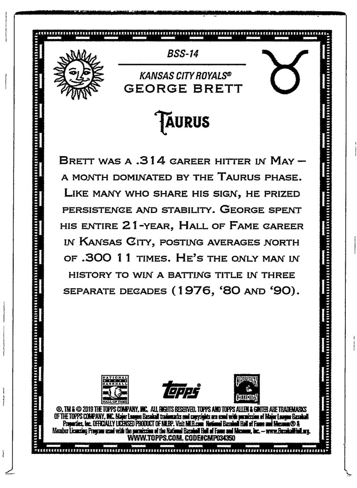 2019 Topps Allen & Ginter #BSS-14 George Brett Baseball Star Signs 10a ...