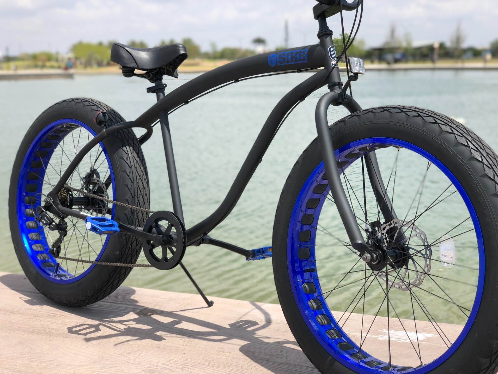 MENS SIKK UFO 7 SPEED FAT TIRE BEACH CRUISER BICYCLE BLACK FRAME BLUE ...