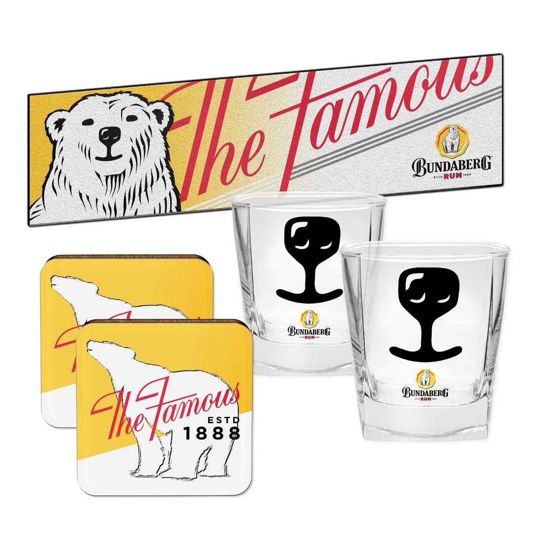 BUNDABERG RUM BAR ESSENTIALS GIFT PACK SPIRIT GLASSES BAR MAT COASTERS ...