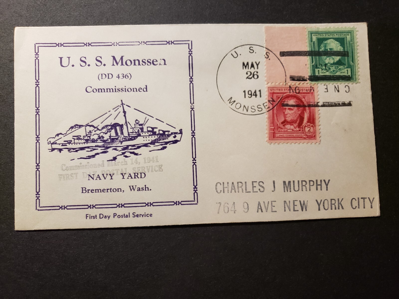 USS MONSSEN DD-436 Naval Cover 1941 COMMISSIONED Cachet SUNK WWII | eBay