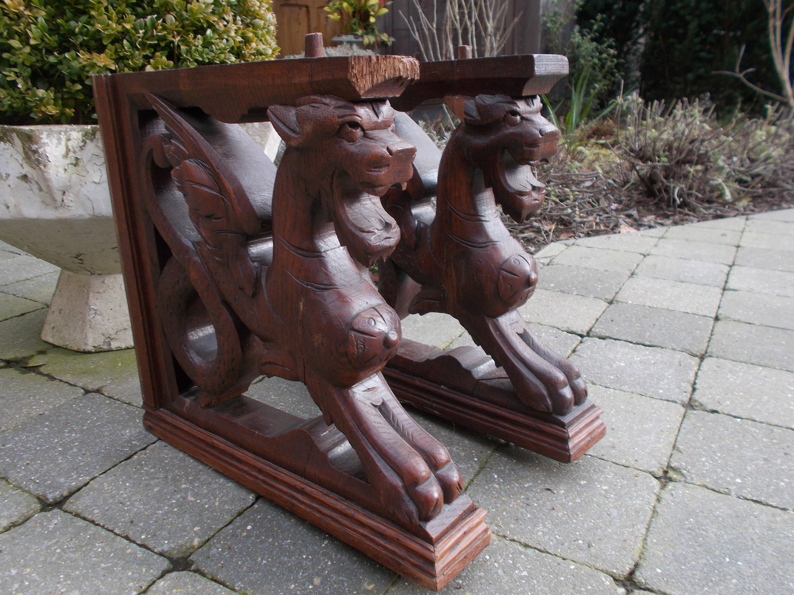 Pair of Antique hand Carved Wood Corbel Gothic winged Gargoyle Chimera ...