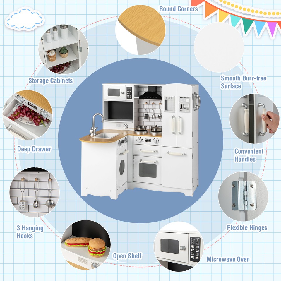 Costway Kid's Corner Kitchen Playset Wooden Pretend Kitchen Play Toy ...