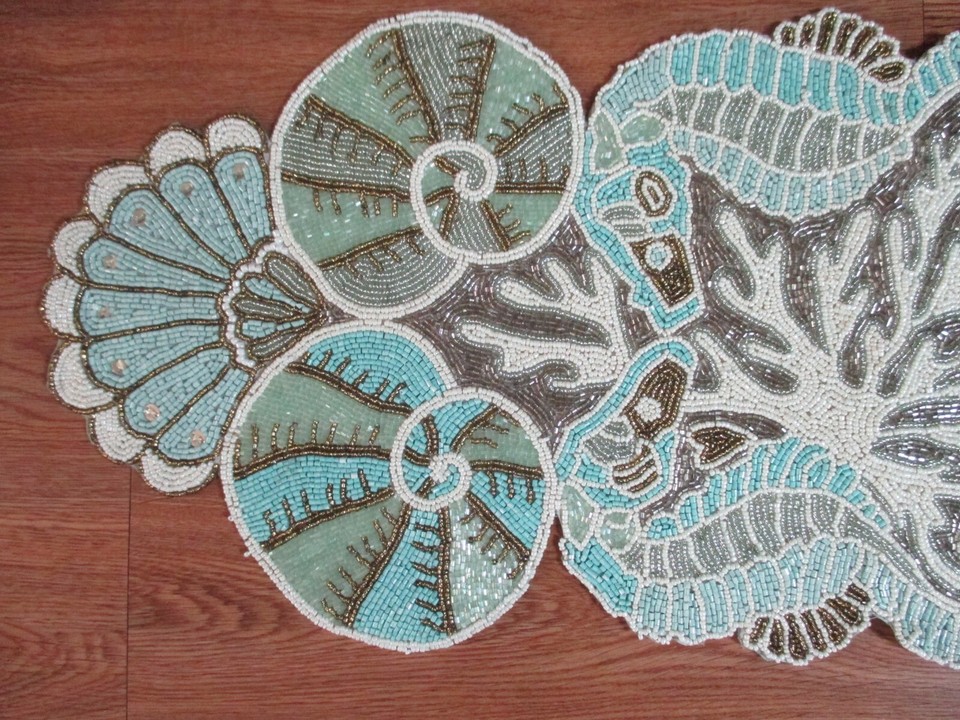 NEW Beaded SHELL:S Table Runner 13" X 36" Coastal Beach Sea Shore ...