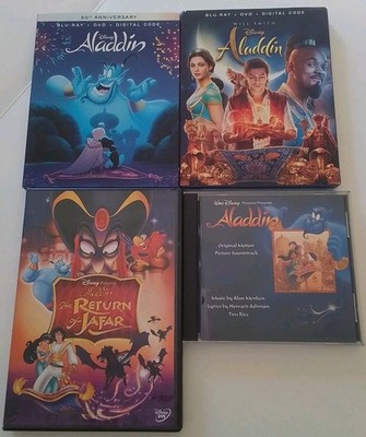 Aladdin 1992 and Aladdin 2019 Blu-ray, Return of Jafar DVD, 1992 CD ...