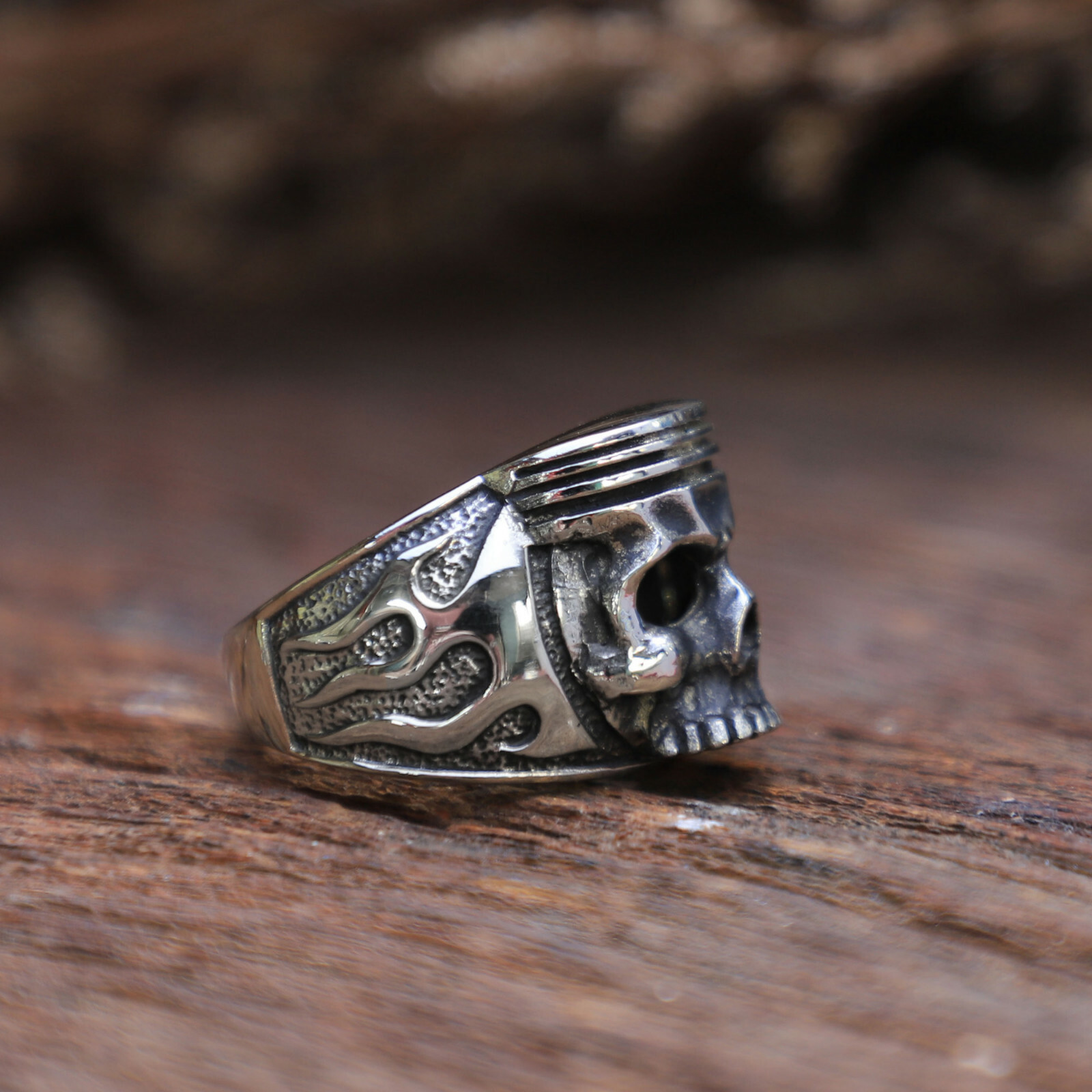 Skull Fire piston head ring men sterling silver 925 Biker Gothic punk ...