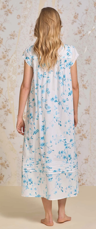 Eileen West Cap Sleeve White/Aqua Floral 100% Cotton Lawn Ballet ...
