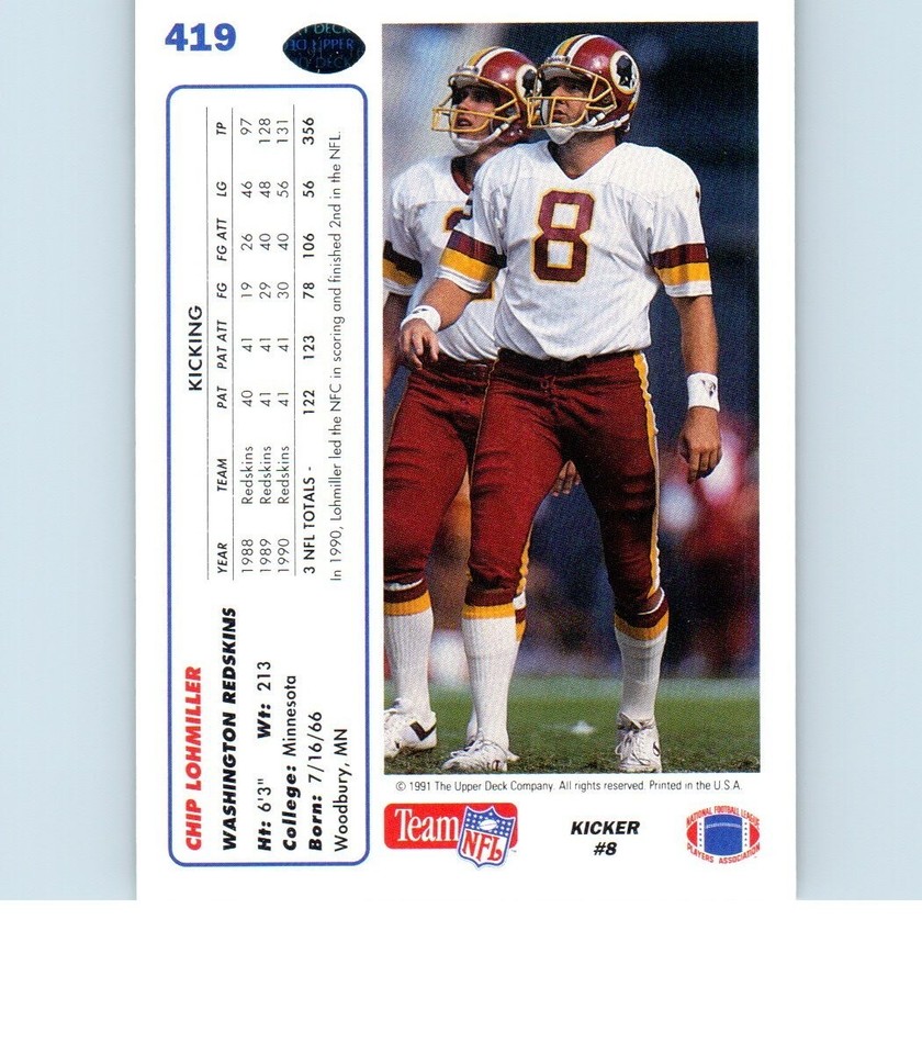 Chip Lohmiller 419 Redskins 1991 Upper Deck NFL Football Trading Card ...