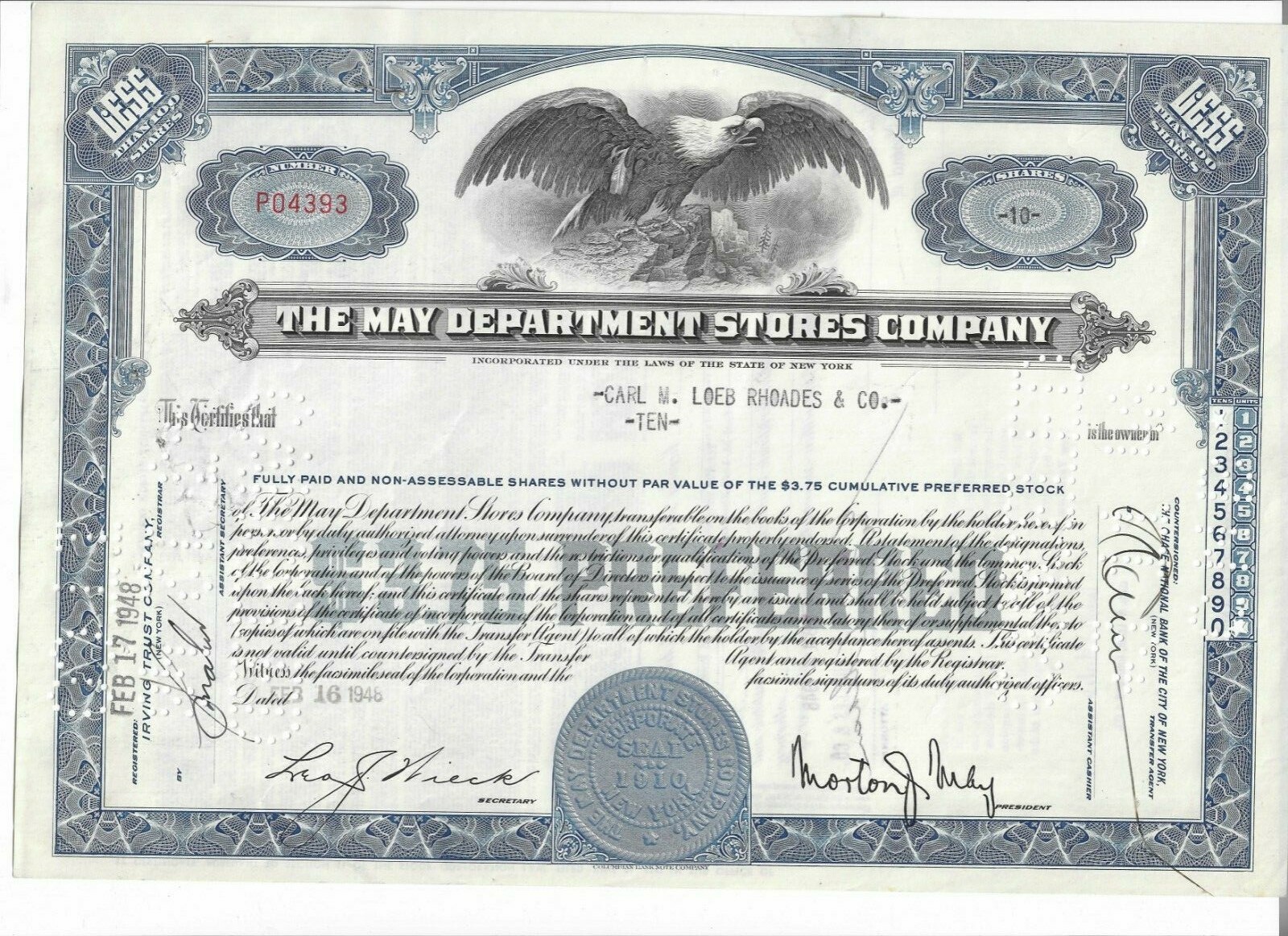 Vintage Stock Certificate The May Company 1948 Carl M Loeb Rhoades & Co ...