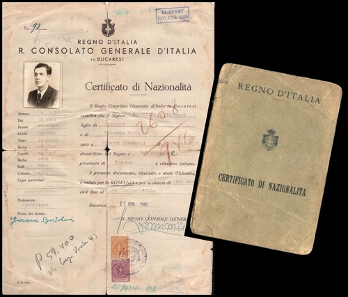 IDENTITY CARD DOCUMENT CONSUL ITALY ITALIA BUCHAREST CERTIFICATE 1945 ...