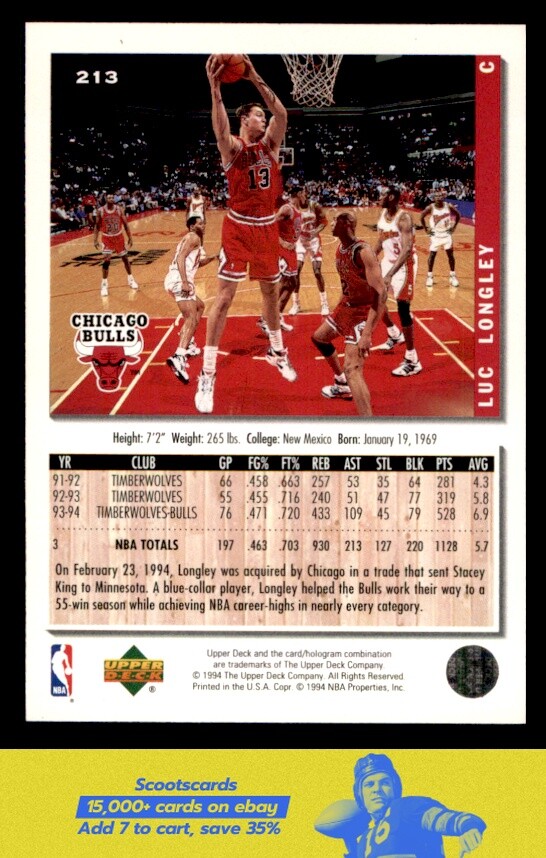 1994-95 Collector's Choice Luc Longley Silver Signature #213 Chicago ...