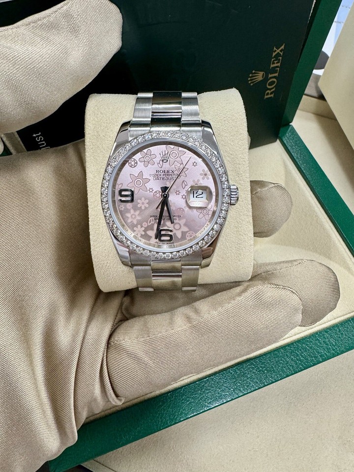 Rolex Datejust 36mm Factory Diamond Bezel Pink Flower Dial Steel Watch ...