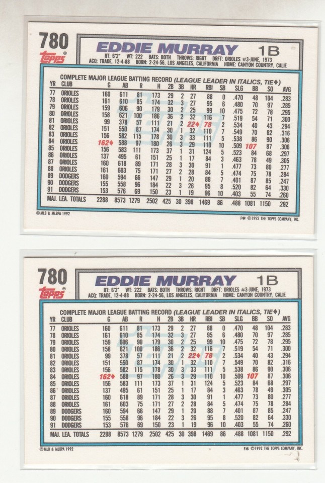 EDDIE MURRAY 1992 Topps #780 Error Variation Name Banner Blue Purple ...