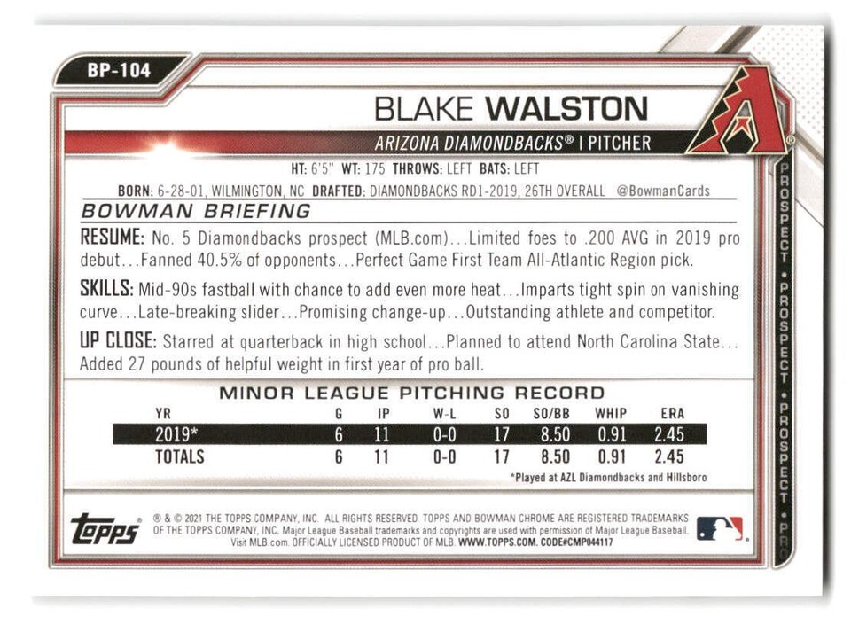 Blake Walston 2021 Bowman Baseball #BP-104 Arizona Diamondbacks ...