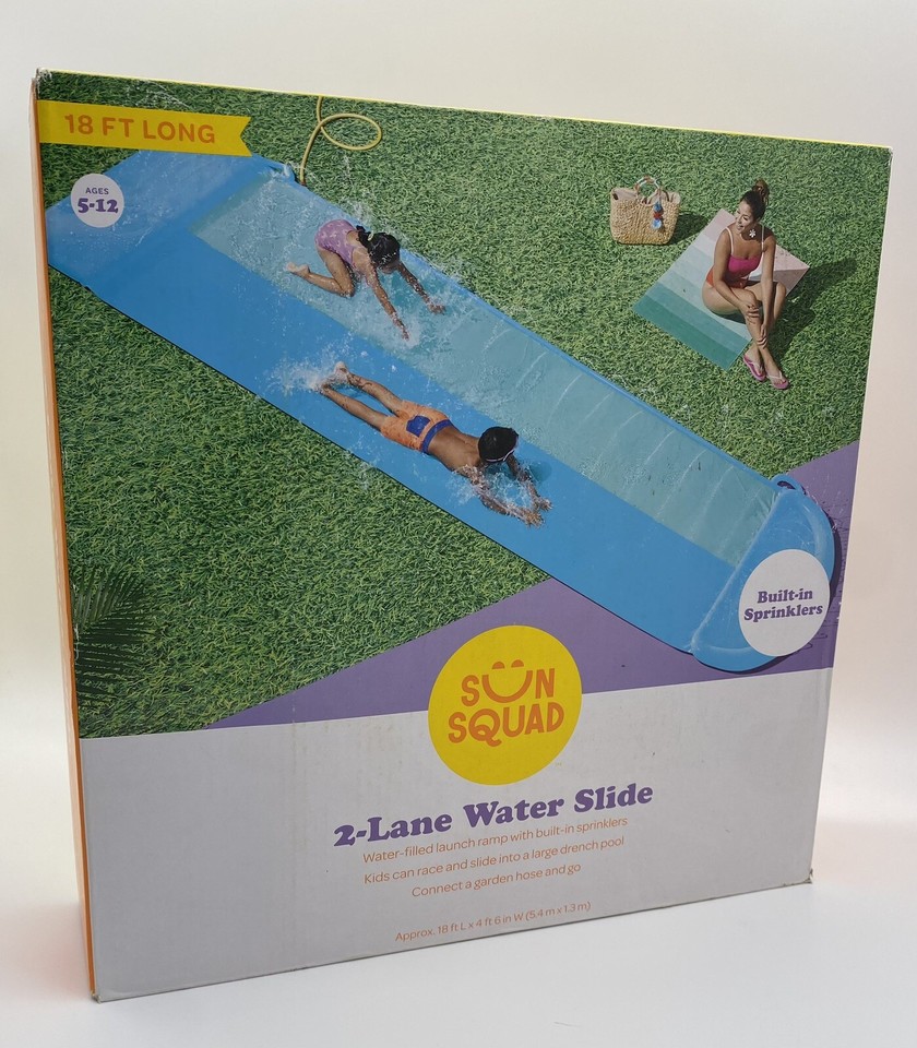 Sun Squad 18 Ft Long 2 Lane Water Slide Launch Ramp Drench Built-in ...