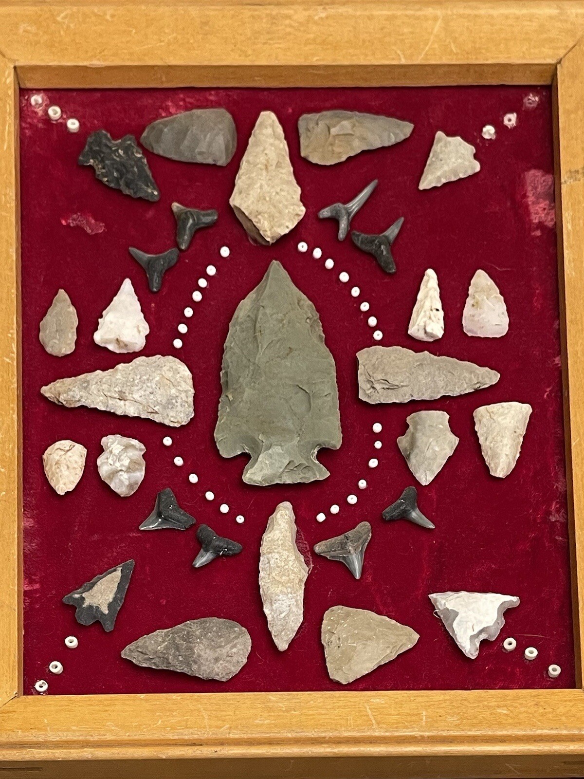 Native American Arrowhead, Tools, Wampum, Beads Shark teeth Board 11.5 ...