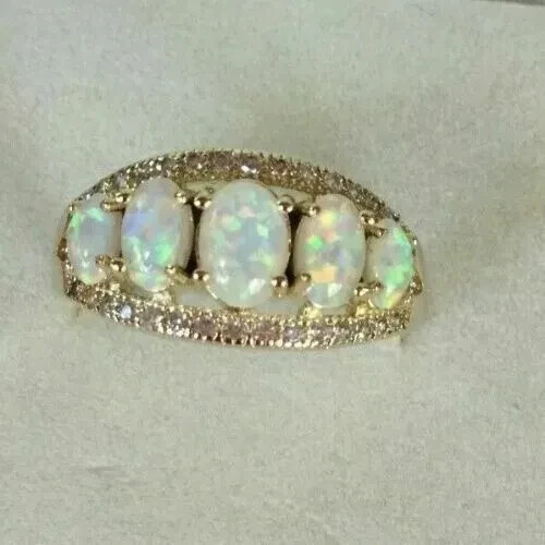 4.5Ct Oval Cut 5-Stone Lab Created Fire Opal Wedding Band 14K Yellow ...