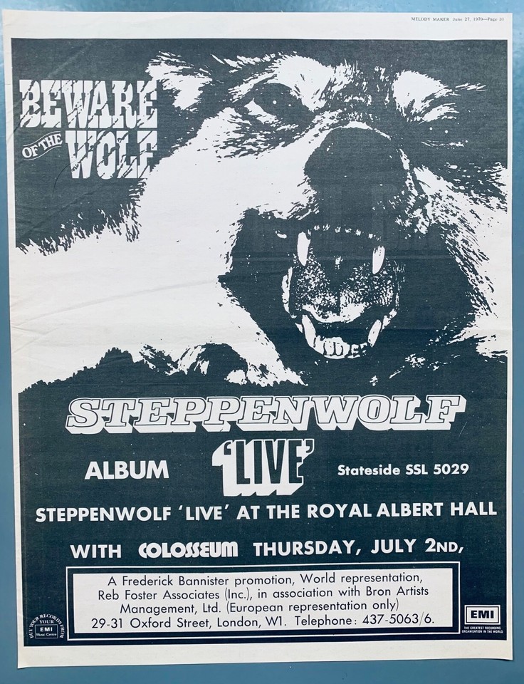 STEPPENWOLF original 1970 POSTER ADVERT UK CONCERT LONDON Colosseum ...