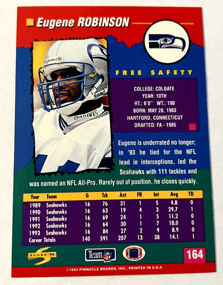 1994 Pinnacle Score '94 All-Pro NFL Card #164 Eugene Robinson Seattle ...