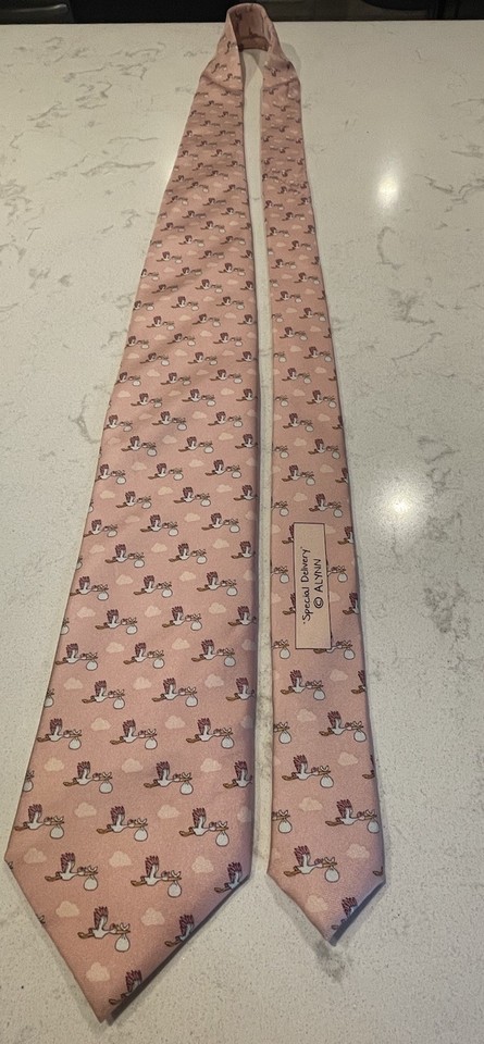 Alynn Neckwear "Special Delivery" Pink Baby Stork Silk Necktie Handmade ...
