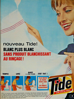 PUBLICITÉ DE PRESSE 1963 LESSIVE TIDE BLANC PLUS BLANC SANS PRODUIT ...