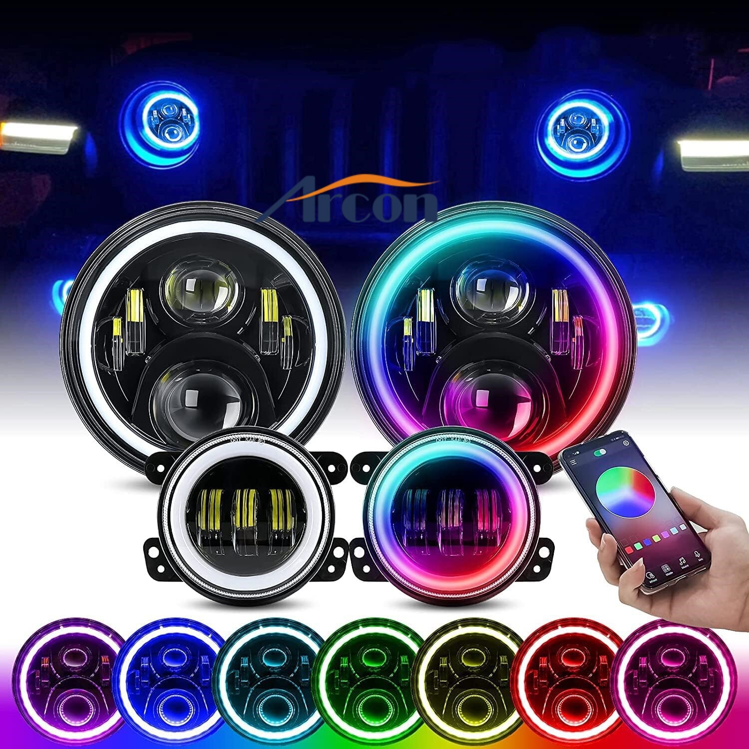 RGB 7" LED Headlights 4'' Fog Lights Kits For Jeep Wrangler JK JKU 07 ...