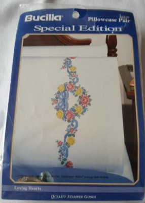 BUCILLA Stamped PILLOWCASE PAIR Special Edition 64237 LOVING HEARTS ...