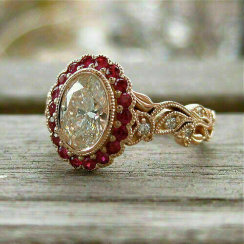 3.5Ct Art Deco Style Lab Created Diamond & Ruby Engagement 14K Rose ...