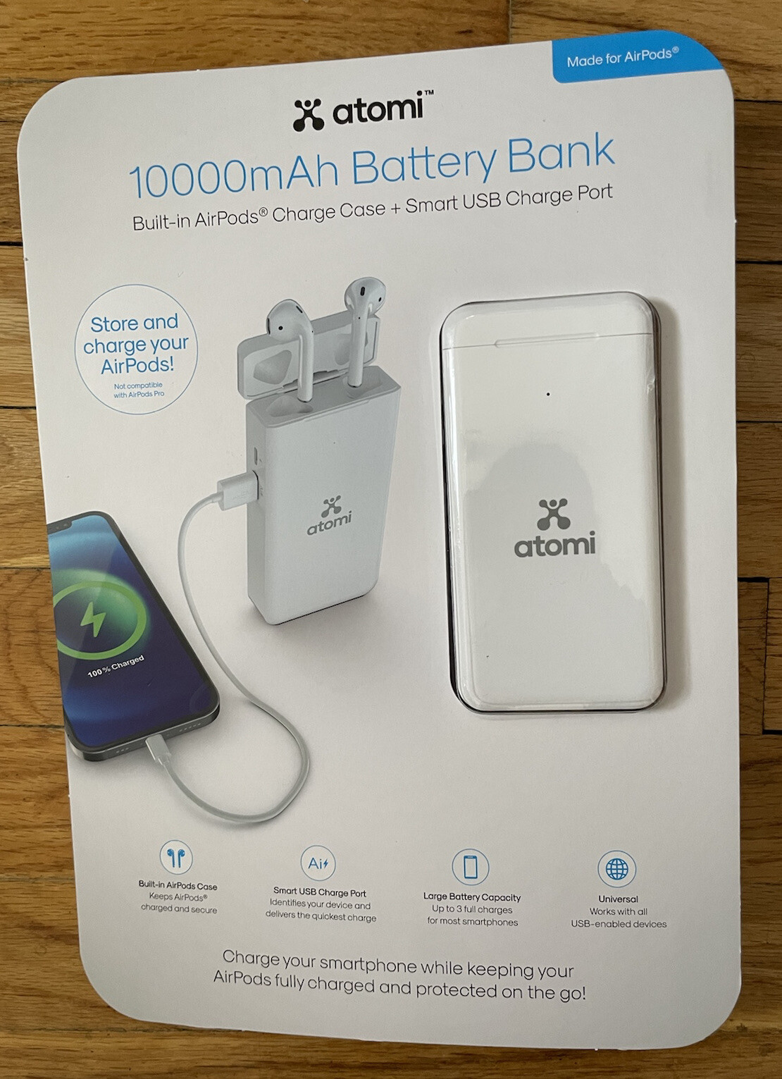 Atomi 10000mAh Battery Bank Built-in AirPods Charge Case & Smart USB ...