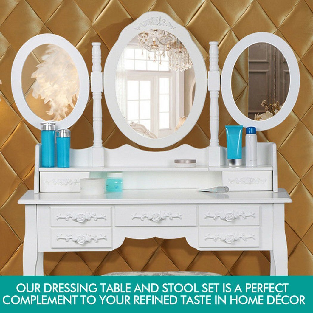 Dressing Table Mirror Stool Set Girls Vanity Makeup Desk Drawer ...