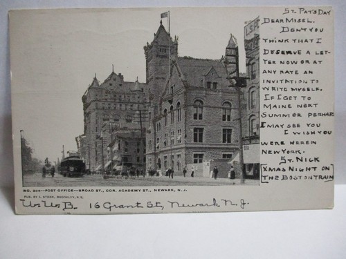 1906 GLITTER POSTCARD POST OFFICE BROAD & ACADEMY STS NEWARK NJ ...