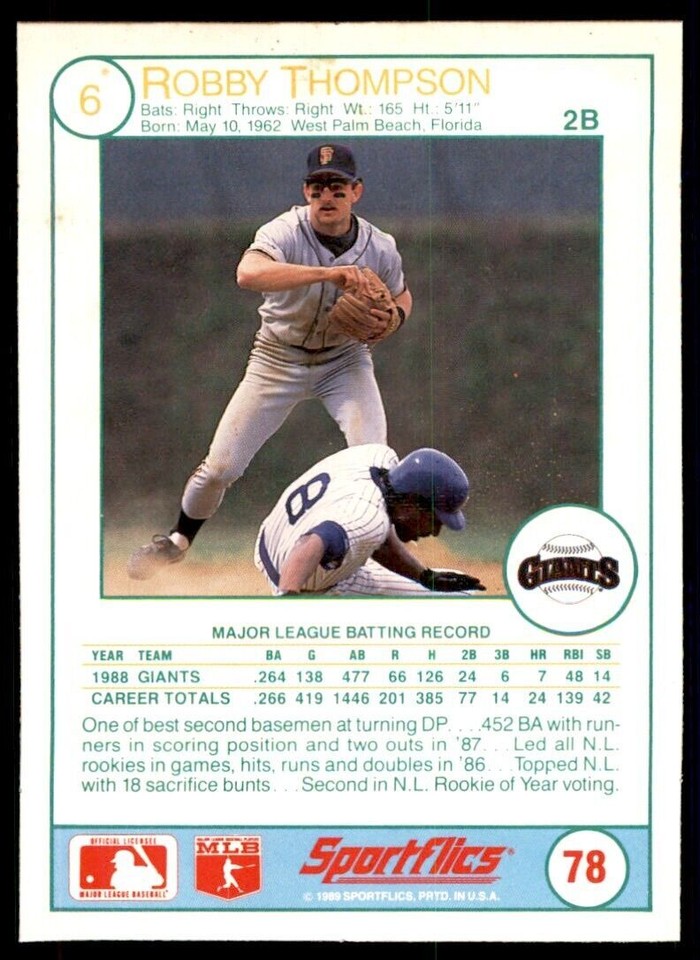 1989 Sportflics. Robby Thompson. San Francisco Giants #78 | eBay